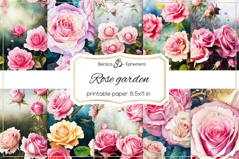 Rose Garden Digital Paper Printable Paper Pink Roses - Etsy