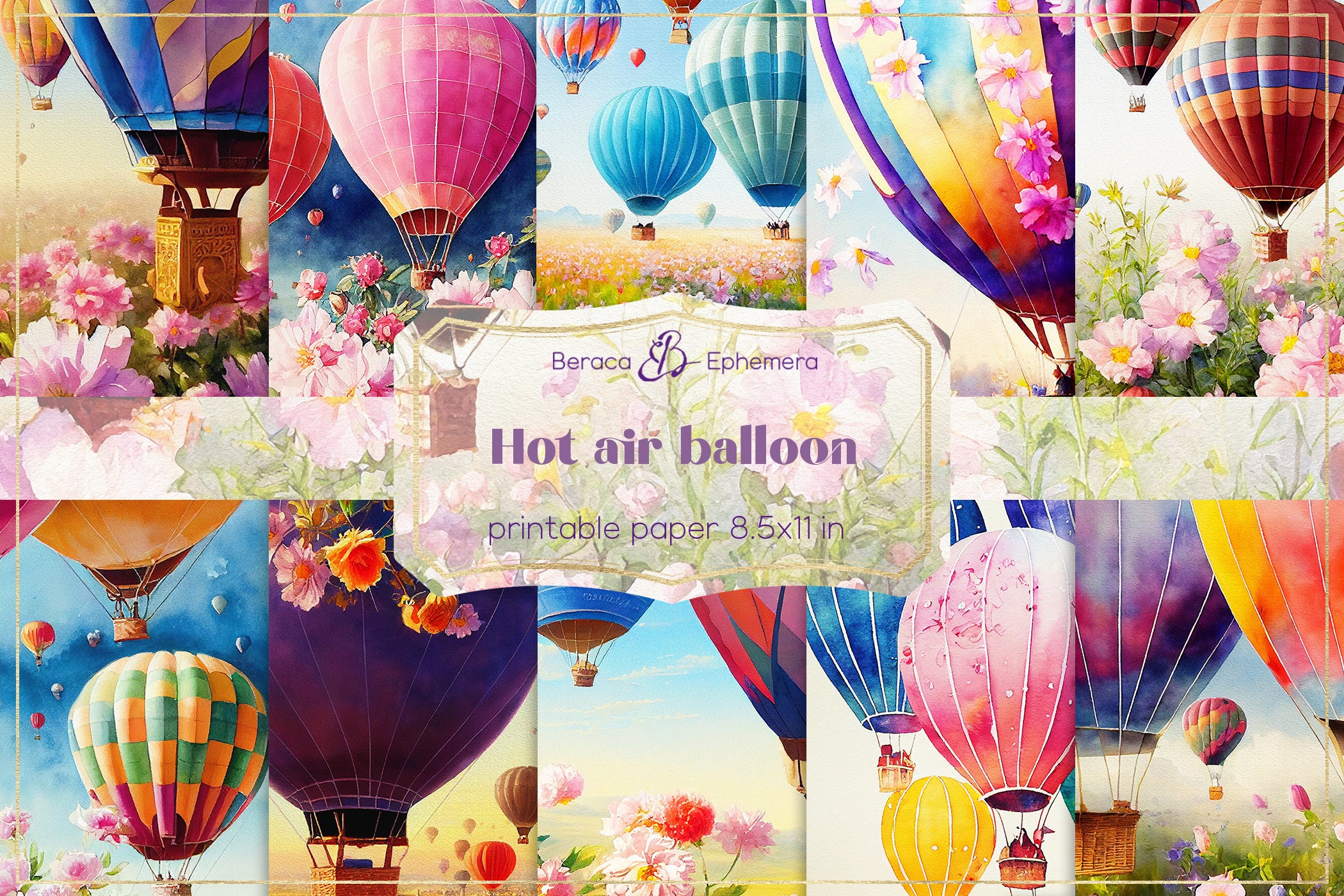 Hot Air Balloon Digital Paper, Printable Paper, Pink Floral Background ...