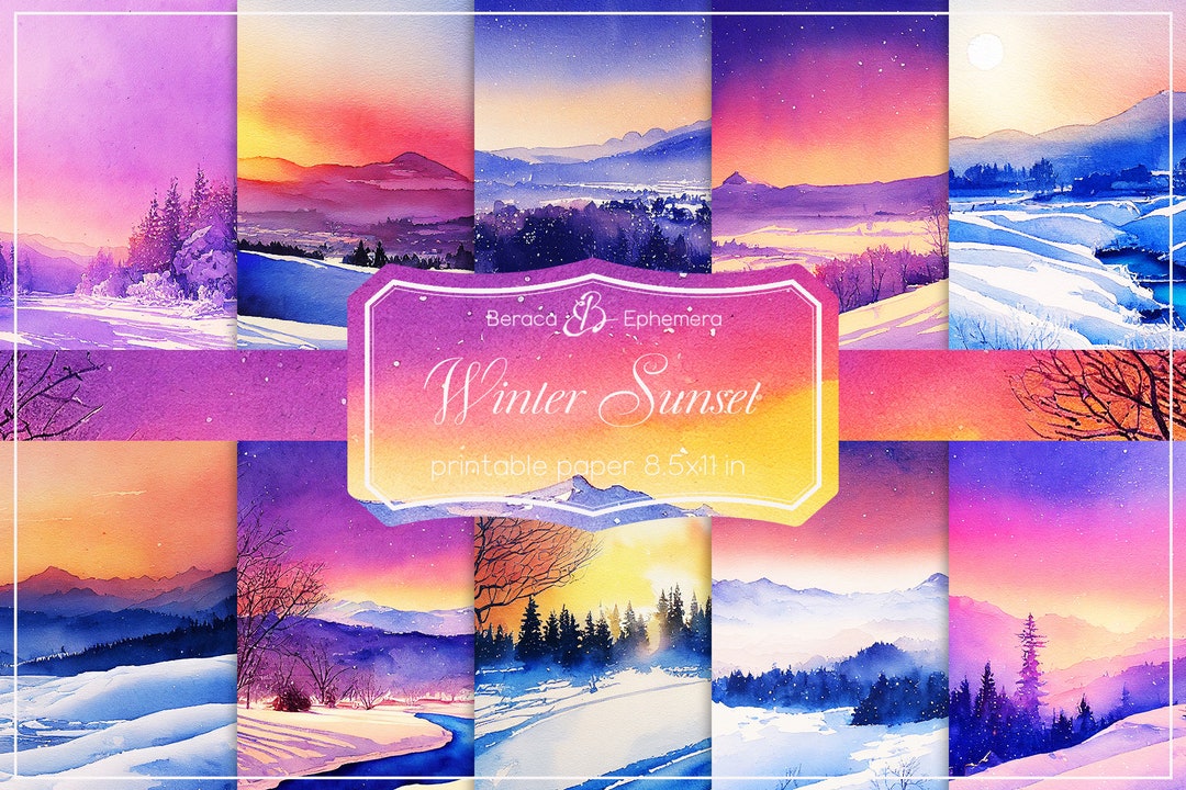 Winter Sunset Digital Paper, Printable Paper, Snow Landscape, Fantasy ...