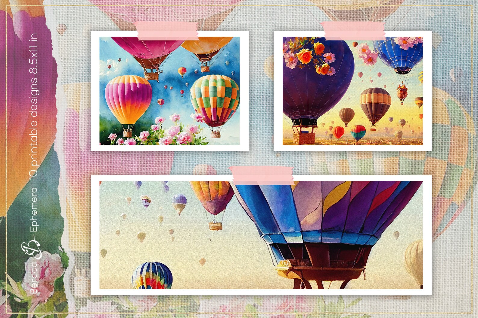 Hot Air Balloon Digital Paper, Printable Paper, Pink Floral Background ...