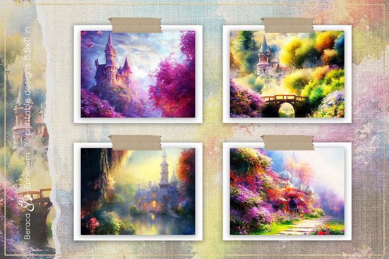 Ethereal Castle Digital Paper, Printable Paper, Watercolor Fantasy ...