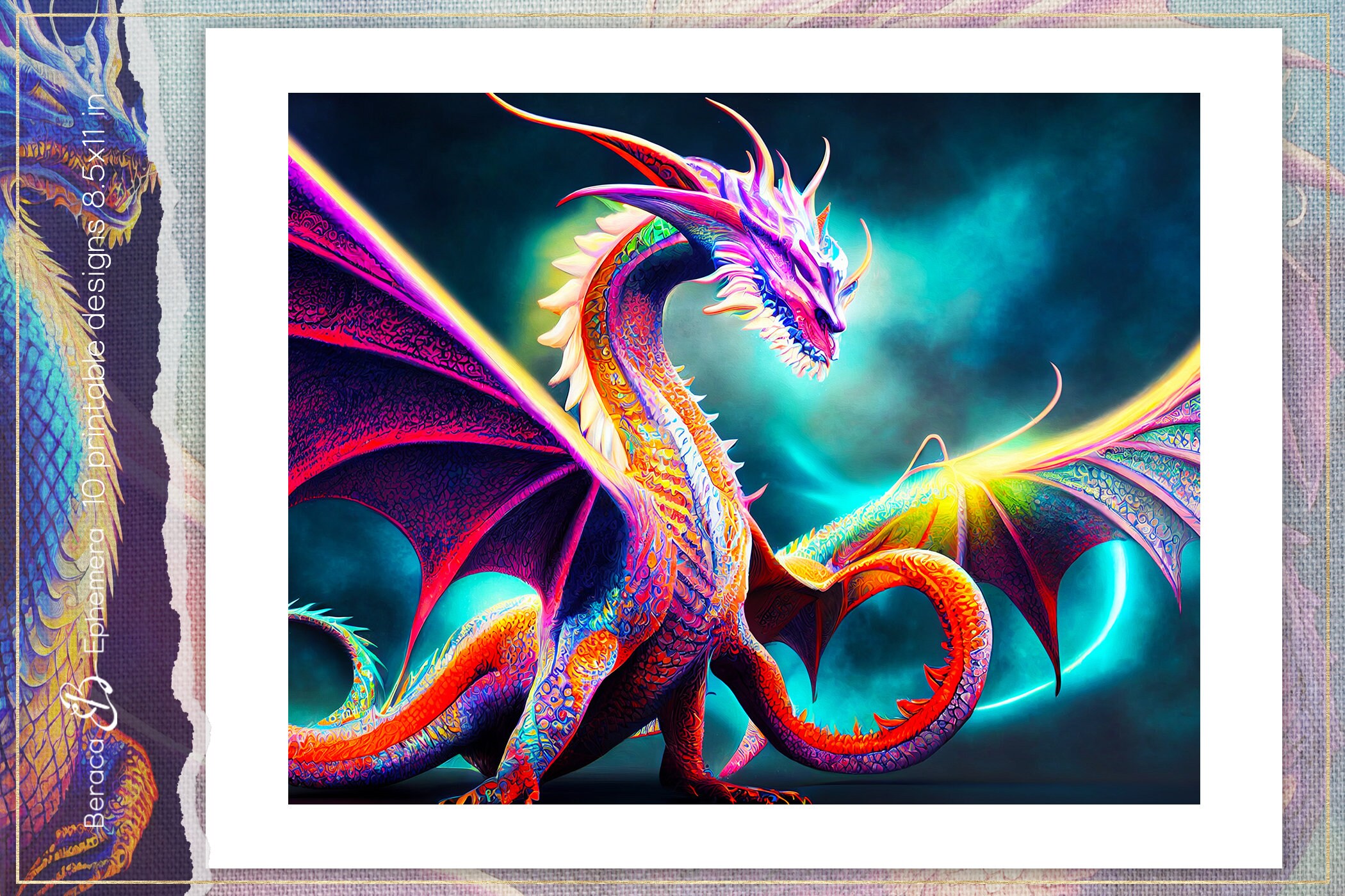 Fire Dragon Digital Paper, Printable Paper, Magical Scrapbooking Paper ...