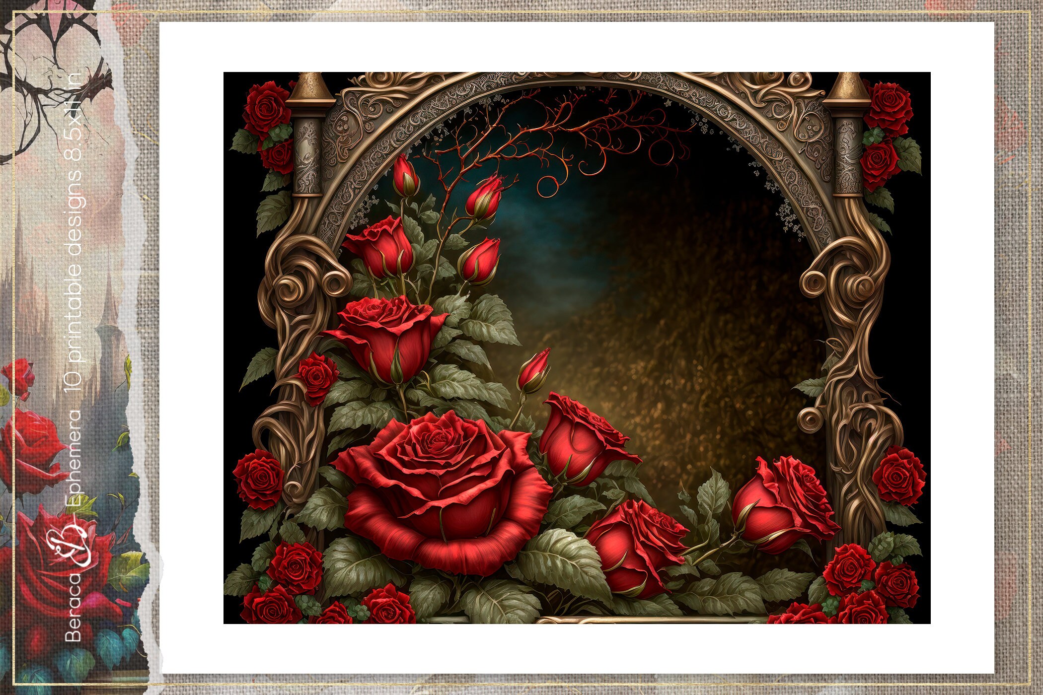 Red Roses Gothic Digital Paper, Printable Paper, Gothic Castle ...