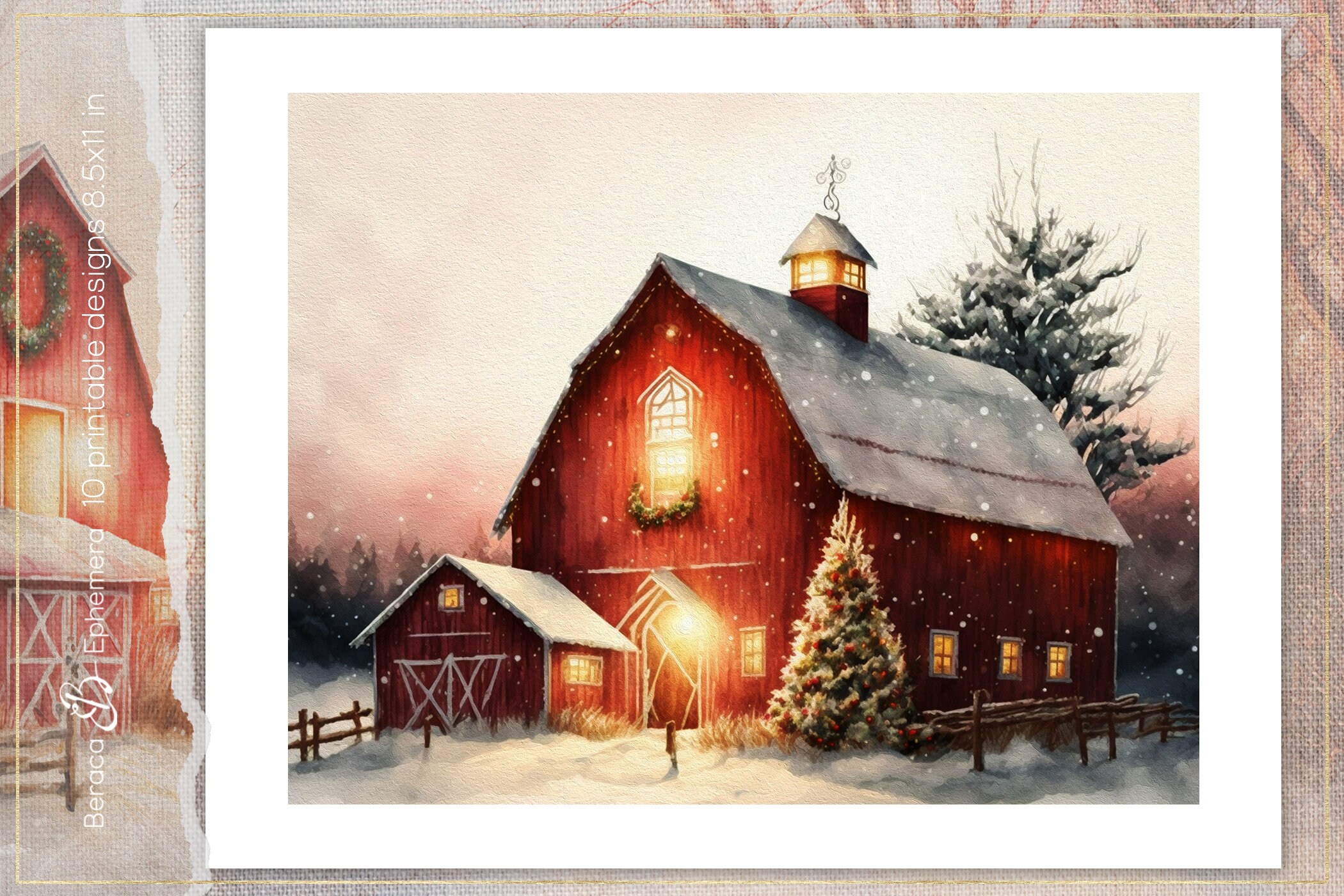 Winter Red Barn Digital Paper, Printable Paper, AI Digital Watercolor ...