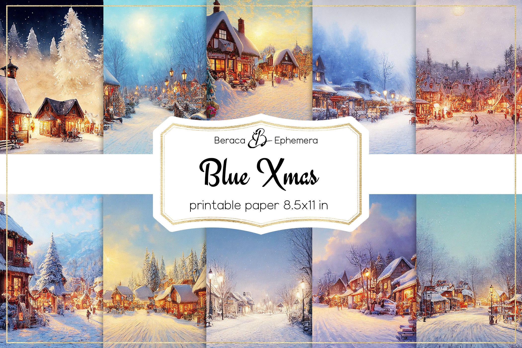 Blue Xmas Digital Paper, Printable Scrapbooking Paper, Blue Winter ...