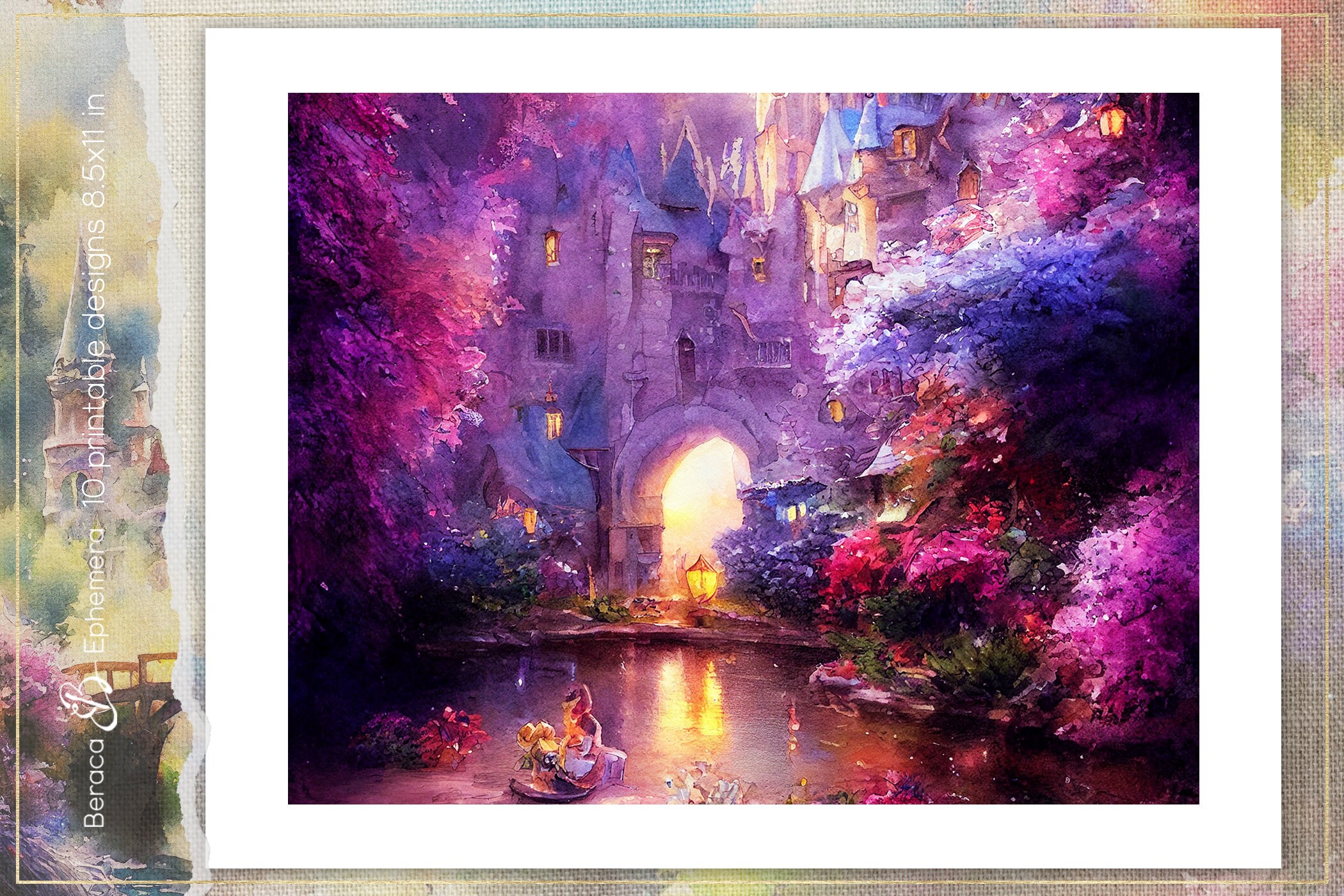 Ethereal Castle Digital Paper, Printable Paper, Watercolor Fantasy ...