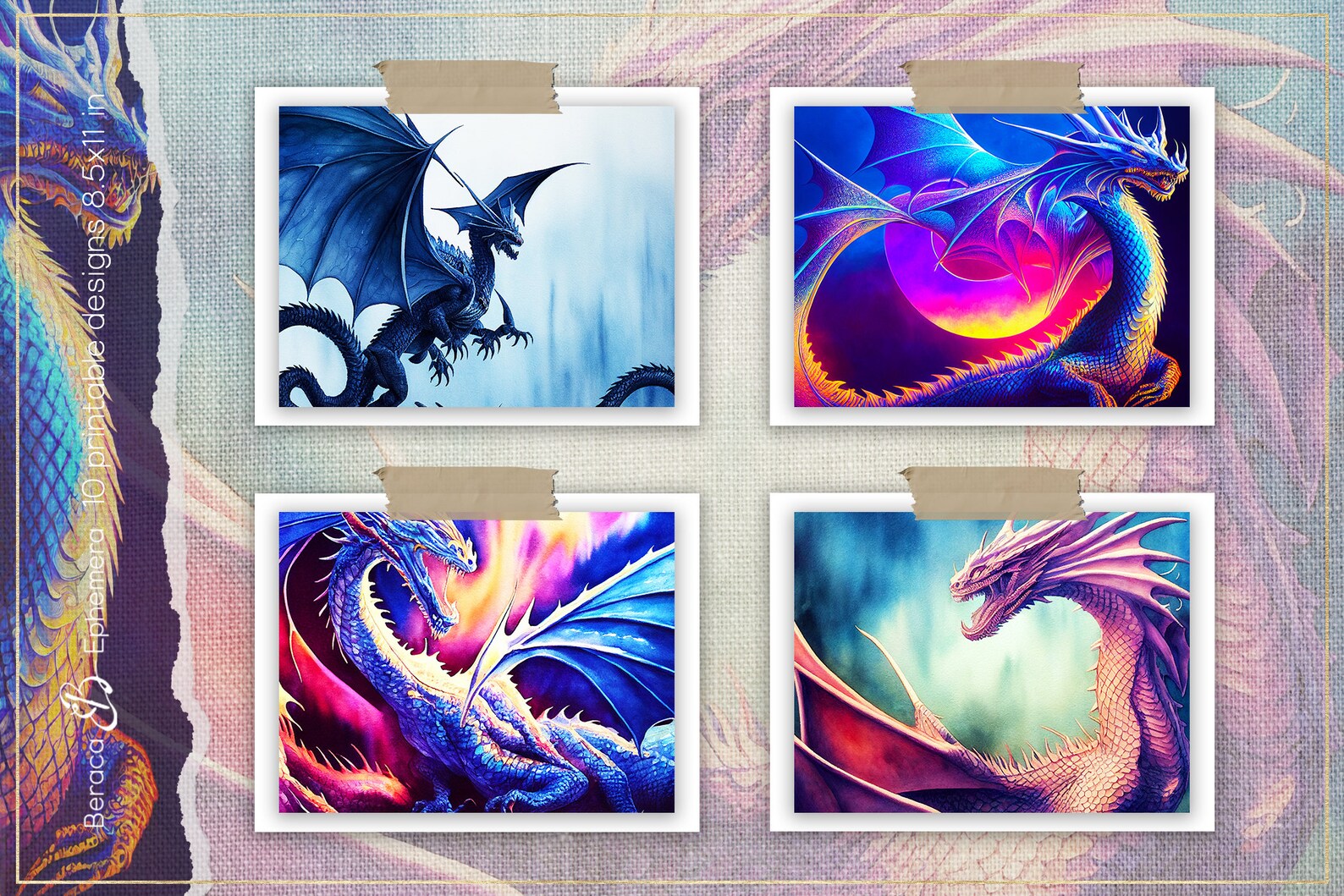 Fire Dragon Digital Paper, Printable Paper, Magical Scrapbooking Paper ...