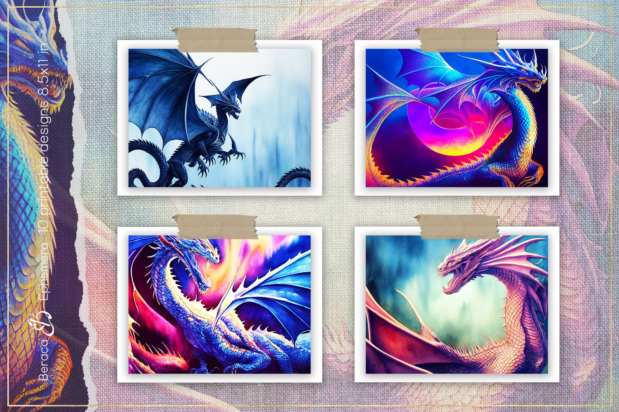 Fire Dragon Digital Paper, Printable Paper, Magical Scrapbooking Paper ...