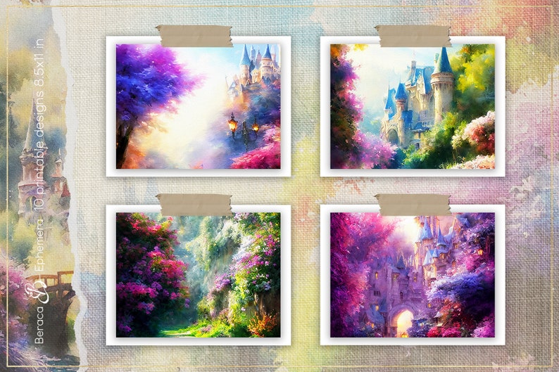 Ethereal Castle Digital Paper, Printable Paper, Watercolor Fantasy ...
