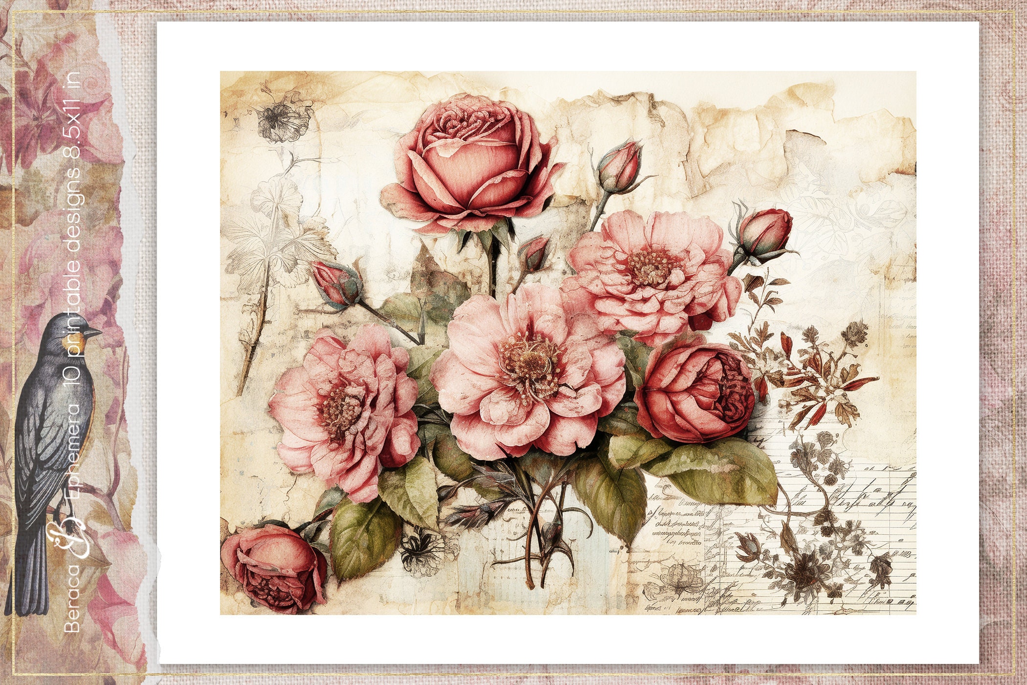 Pink Floral Journal, Pink Rose Digital Paper, Pink Roses Printable ...