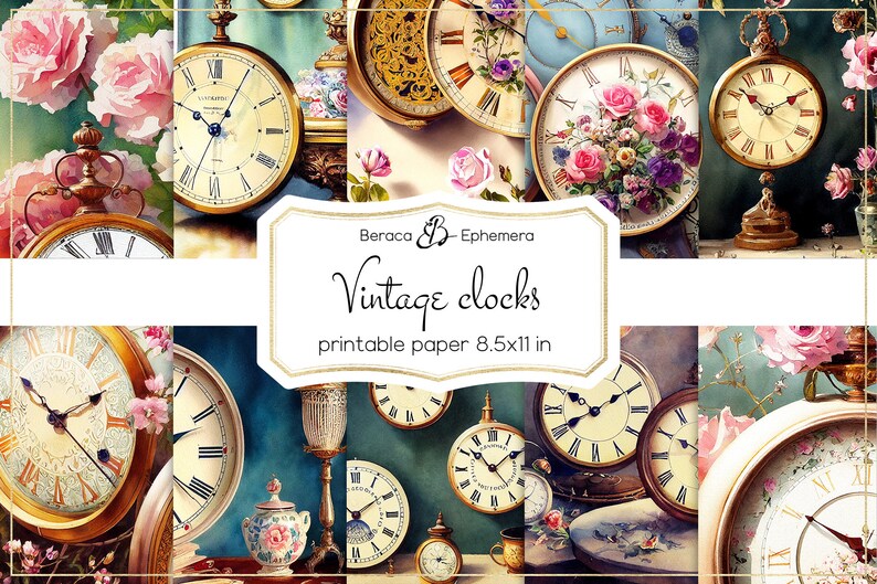 Vintage Clocks Digital Paper, Printable Paper, Victorian Clocks ...
