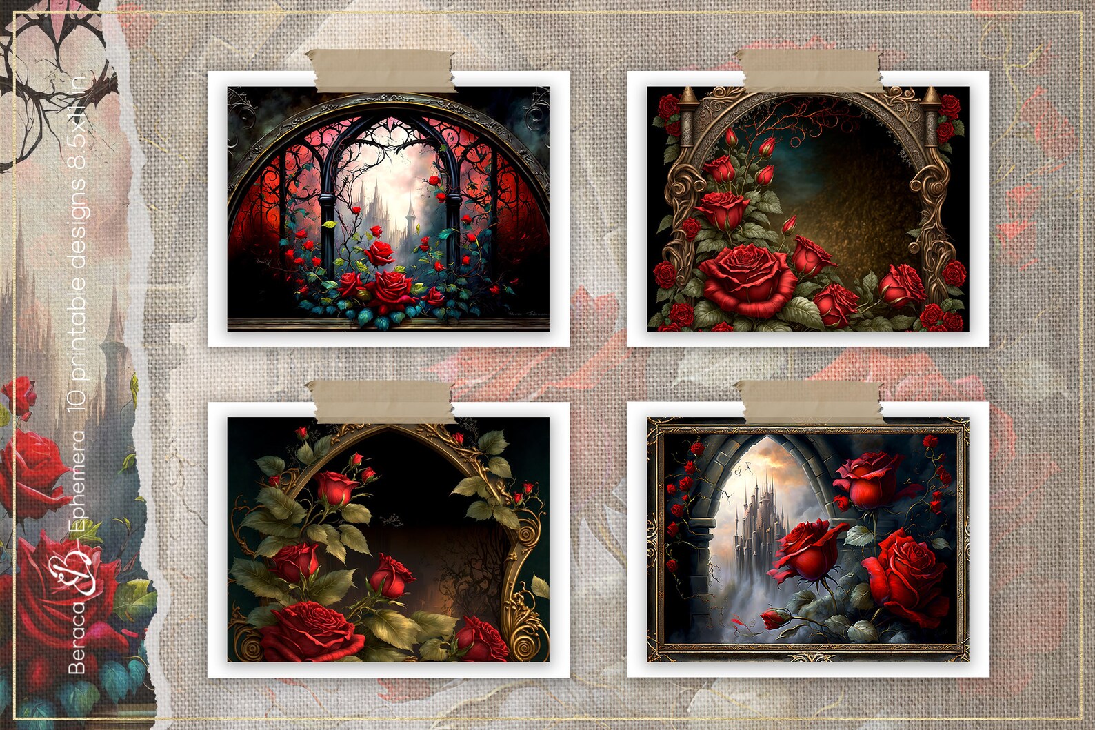 Red Roses Gothic Digital Paper, Printable Paper, Gothic Castle ...