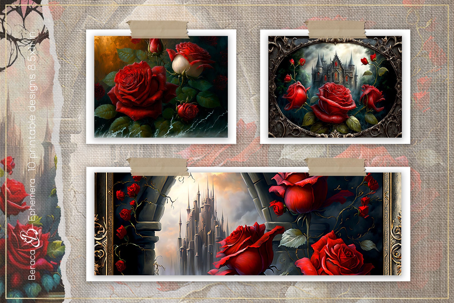 Red Roses Gothic Digital Paper, Printable Paper, Gothic Castle ...
