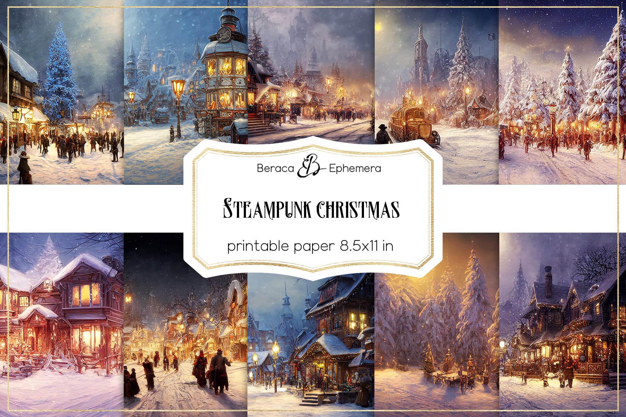 Steampunk Christmas Digital Paper, Vintage Winter, Christmas Night ...