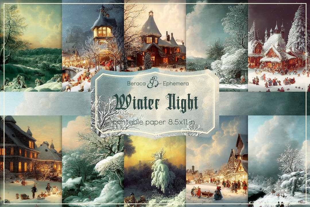 Winter Night Digital Paper, Snow Printable Scrapbook, Winter Landscape ...