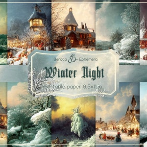 Winter Night Digital Paper, Snow Printable Scrapbook, Winter Landscape ...