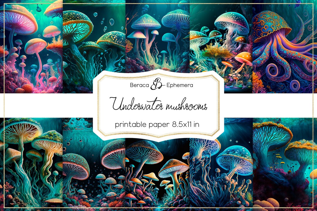 Underwater Mushrooms Digital Paper, Ocean Printable Paper, Algae ...
