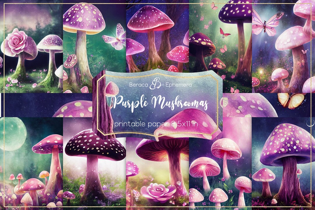 Purple Mushrooms Digital Paper, Printable Paper, Fantasy Background ...