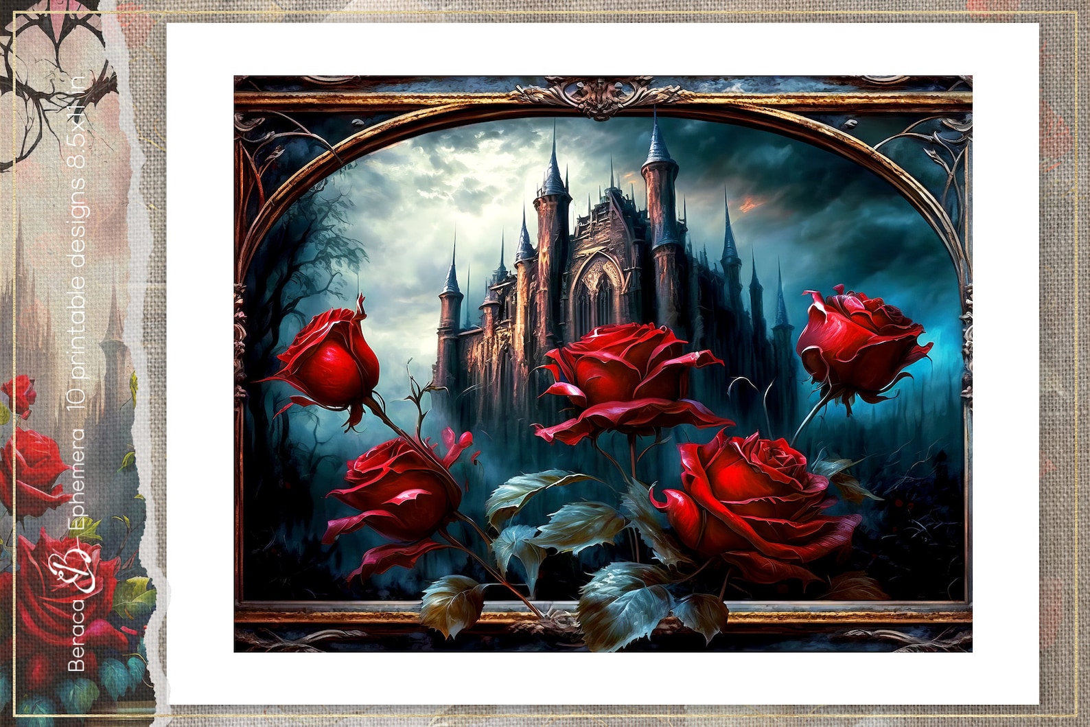 Red Roses Gothic Digital Paper, Printable Paper, Gothic Castle ...