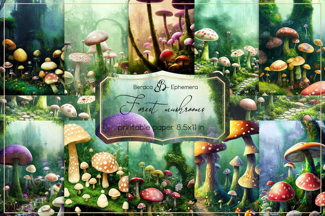 Forest Mushrooms Digital Paper, Printable Paper, Fantasy Forest, Fairy ...