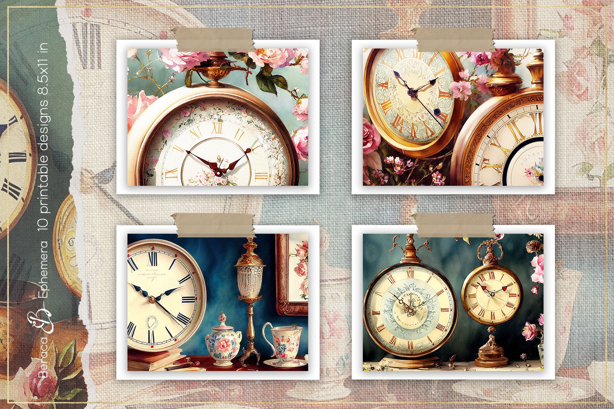 Vintage Clocks Digital Paper, Printable Paper, Victorian Clocks ...