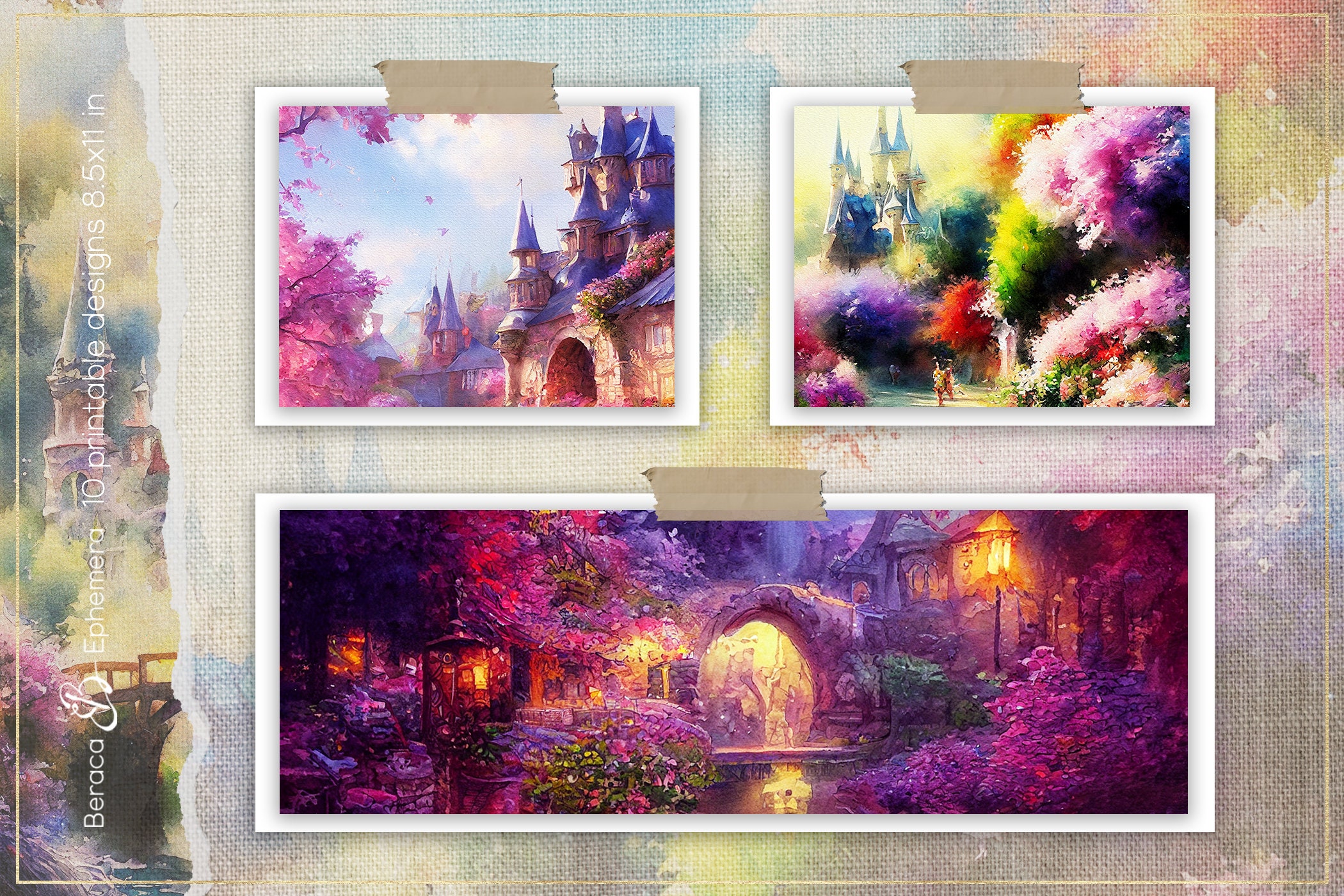 Ethereal Castle Digital Paper, Printable Paper, Watercolor Fantasy ...