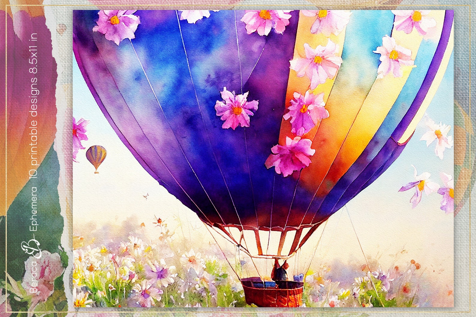 Hot Air Balloon Digital Paper, Printable Paper, Pink Floral Background ...