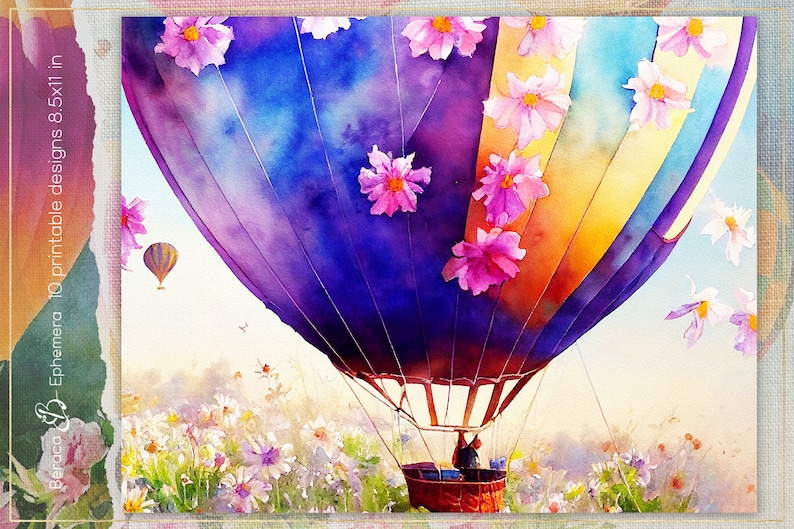 Hot Air Balloon Digital Paper, Printable Paper, Pink Floral Background ...