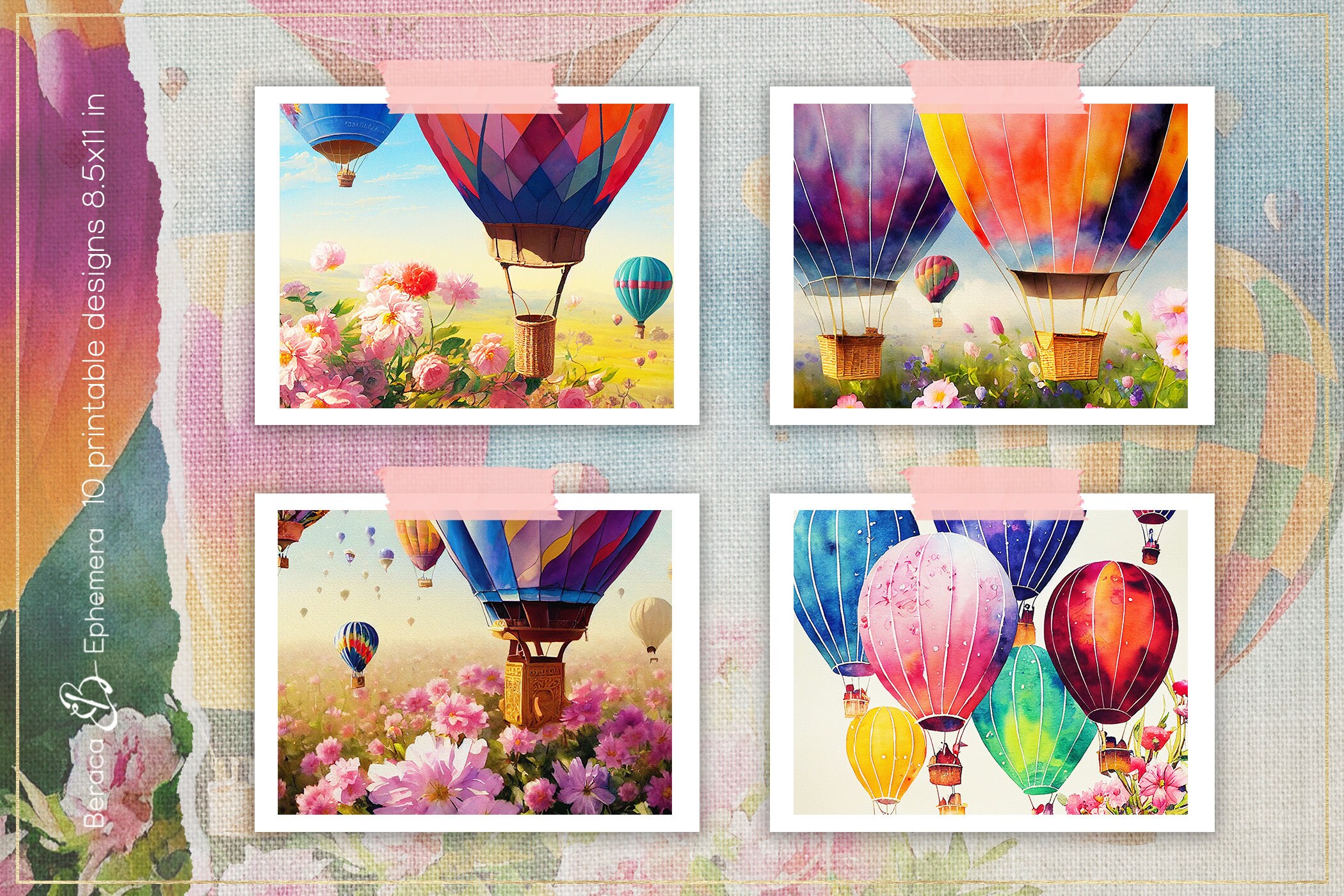 Hot Air Balloon Digital Paper, Printable Paper, Pink Floral Background ...