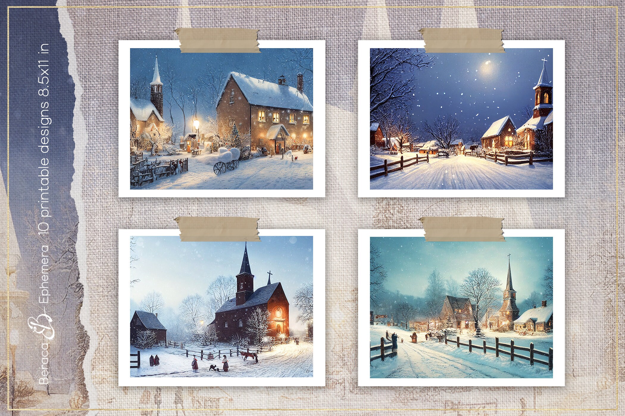 Village Church Digital Paper, Winter Printable Scrapbook, Antique Oil ...