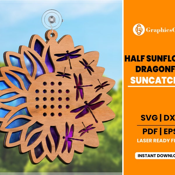 Half Sunflower With Dragonfly Svg - Etsy