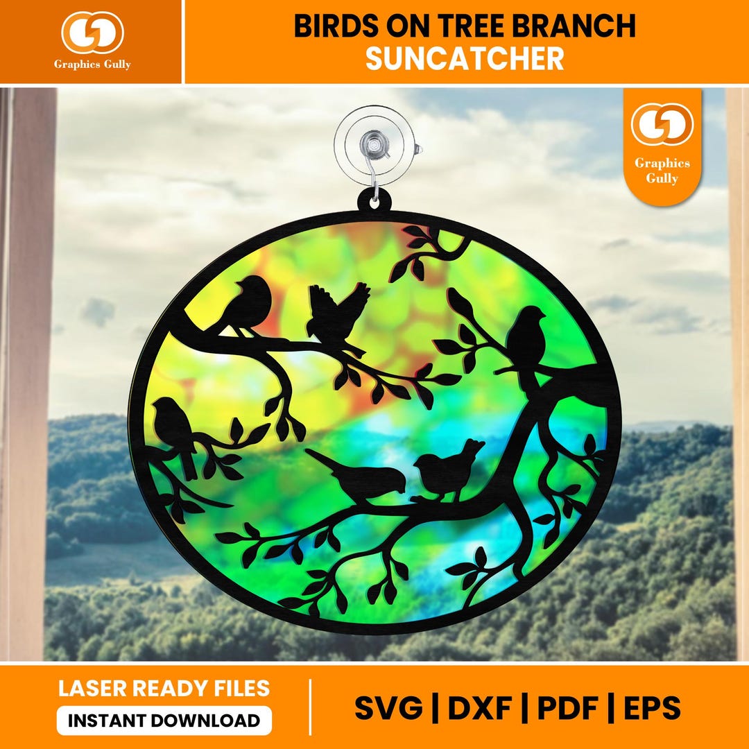 Birds on Tree Branch Suncatcher | Ovel Shaped Wall Art, Window Ornament ...