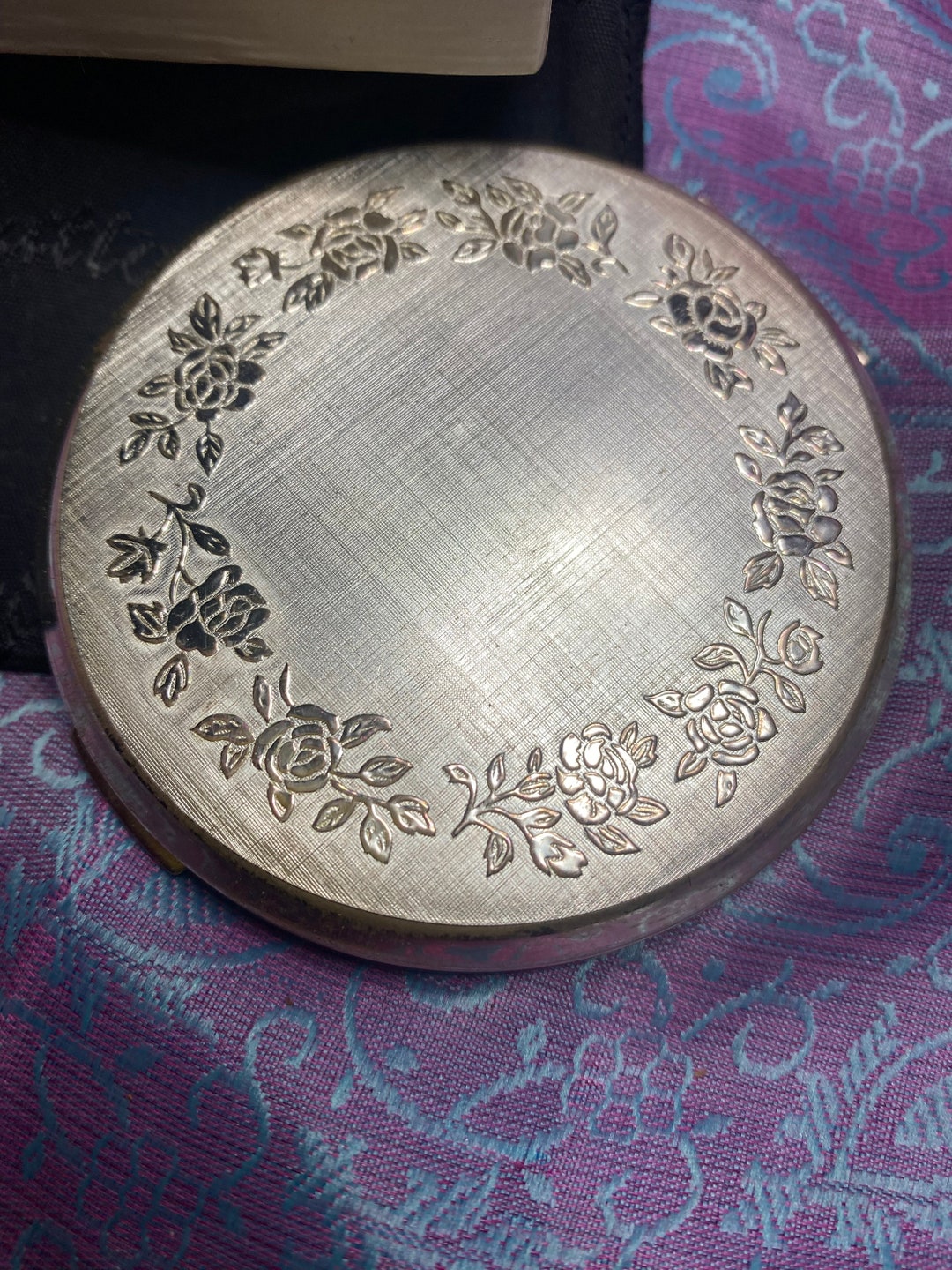 1970s Stratton Round Silver Plated Powder Compact, Beautiful Rose ...