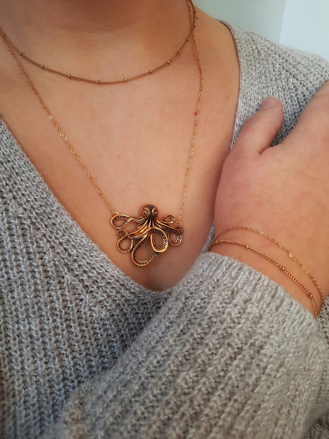 Gold Octopus Necklace and Bracelet Set Beaded Layered Gold Necklace ...