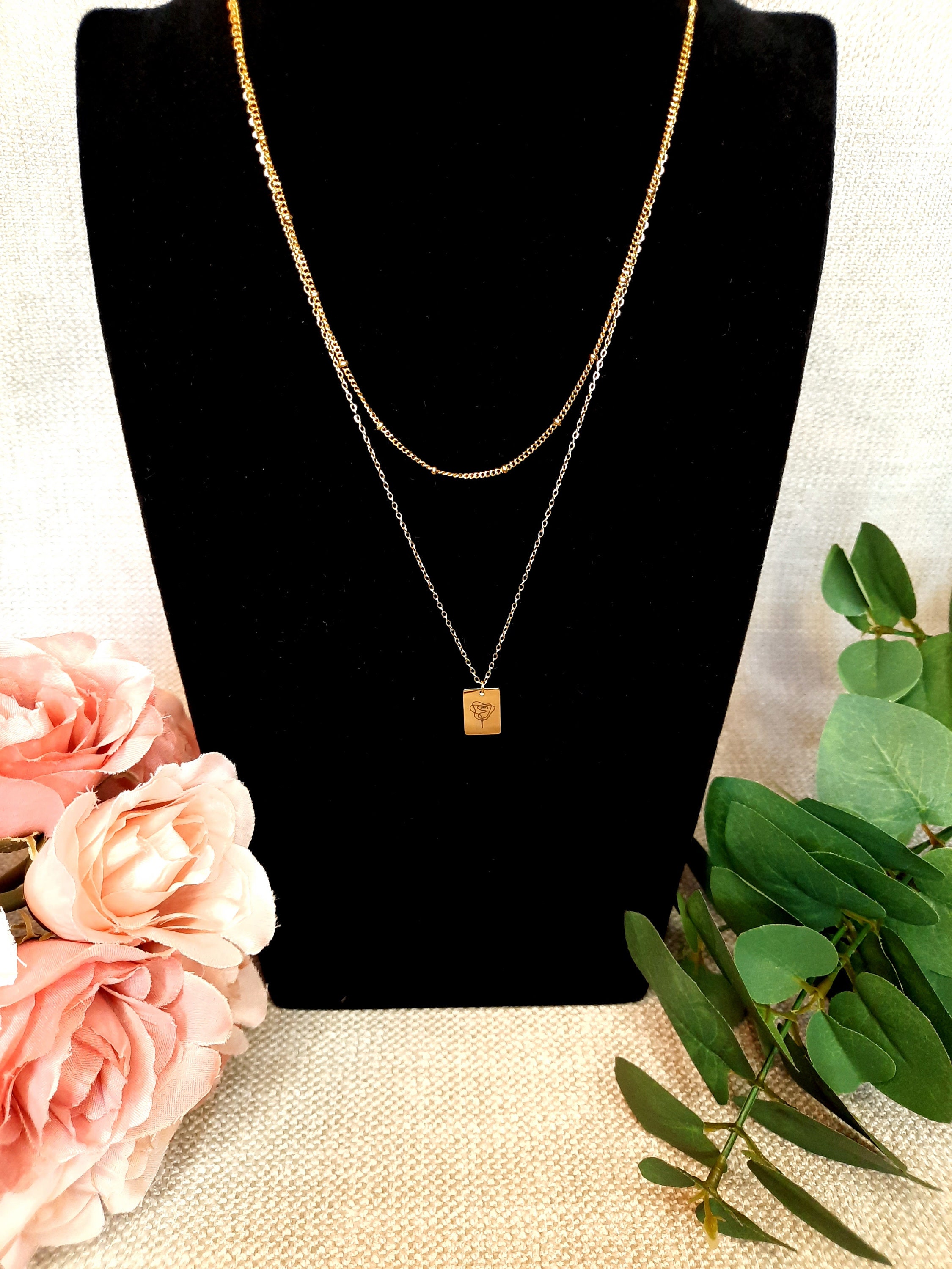 Layered June Rose Birth Flower Gold Necklace Dainty June Birth Flower ...
