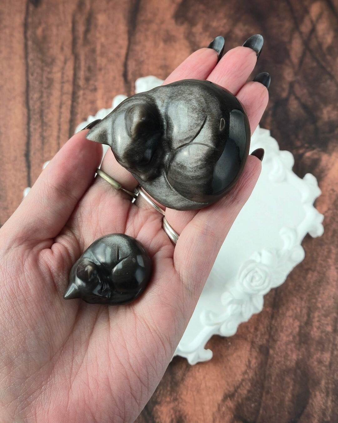 Silver Sheen Obsidian Sleeping Cat | Crystal Figurine - Etsy