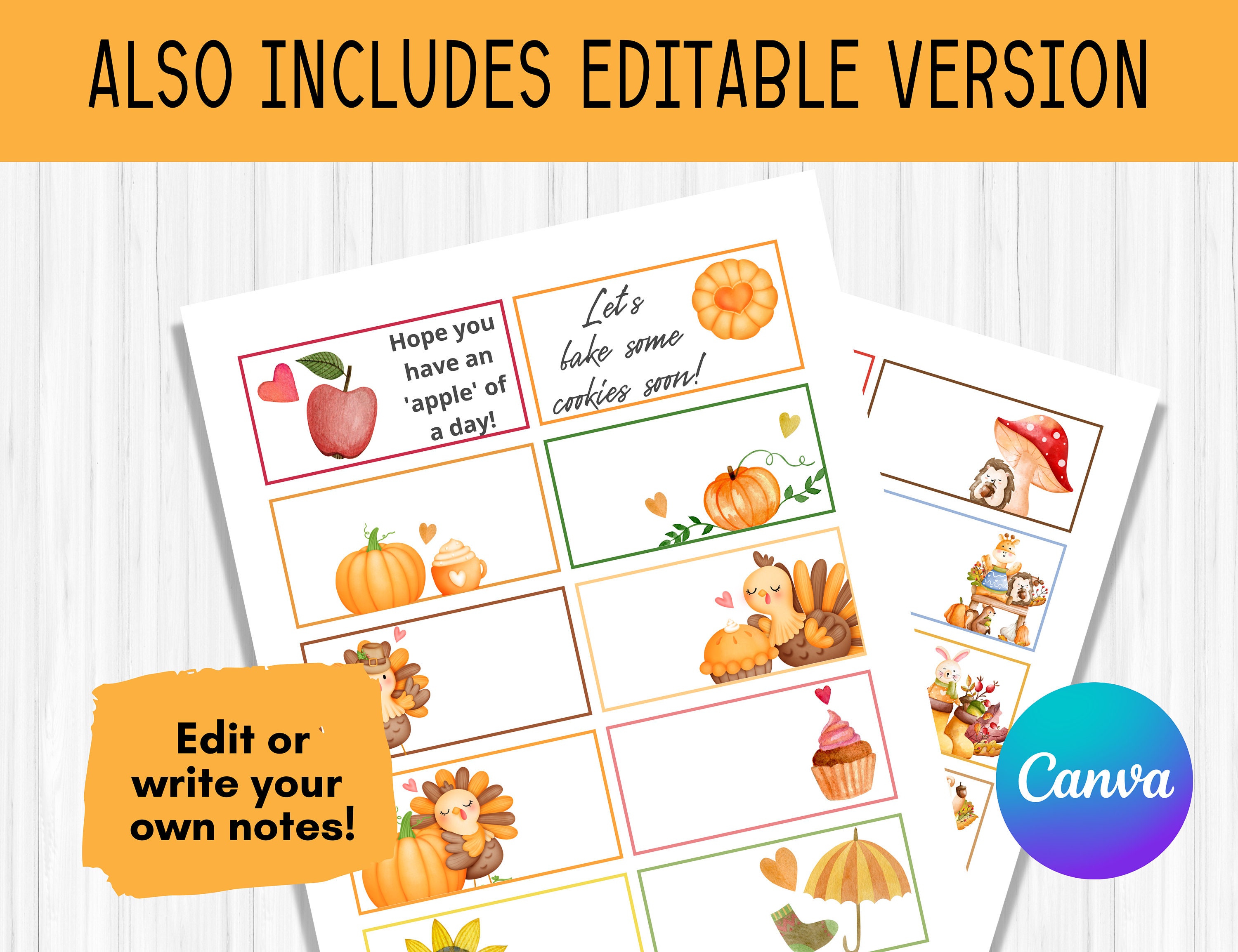 Thanksgiving Lunch Box Notes for Kids, Editable Fall Lunchbox Notes ...