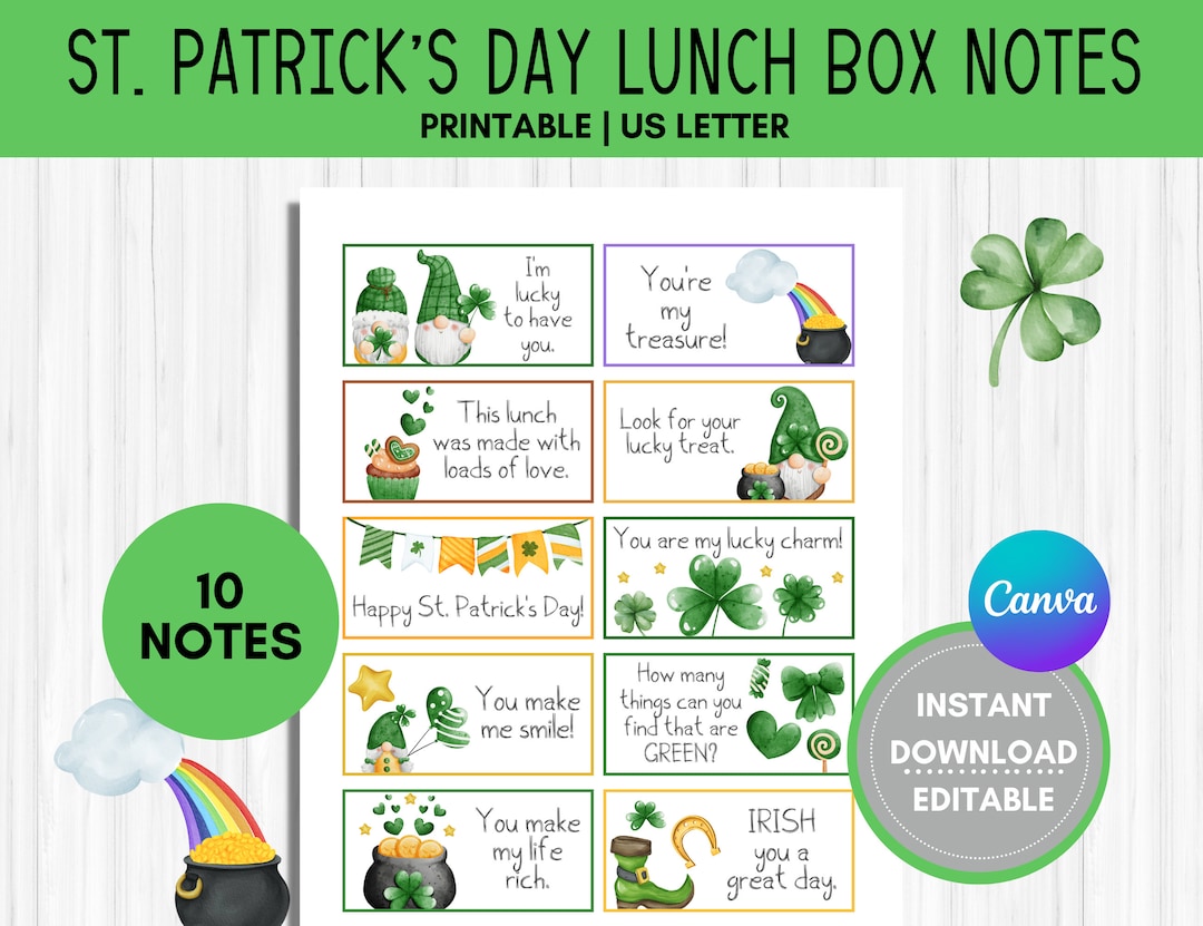 St. Patrick's Day Lunch Box Notes for Kids, Editable Lunchbox Notes ...