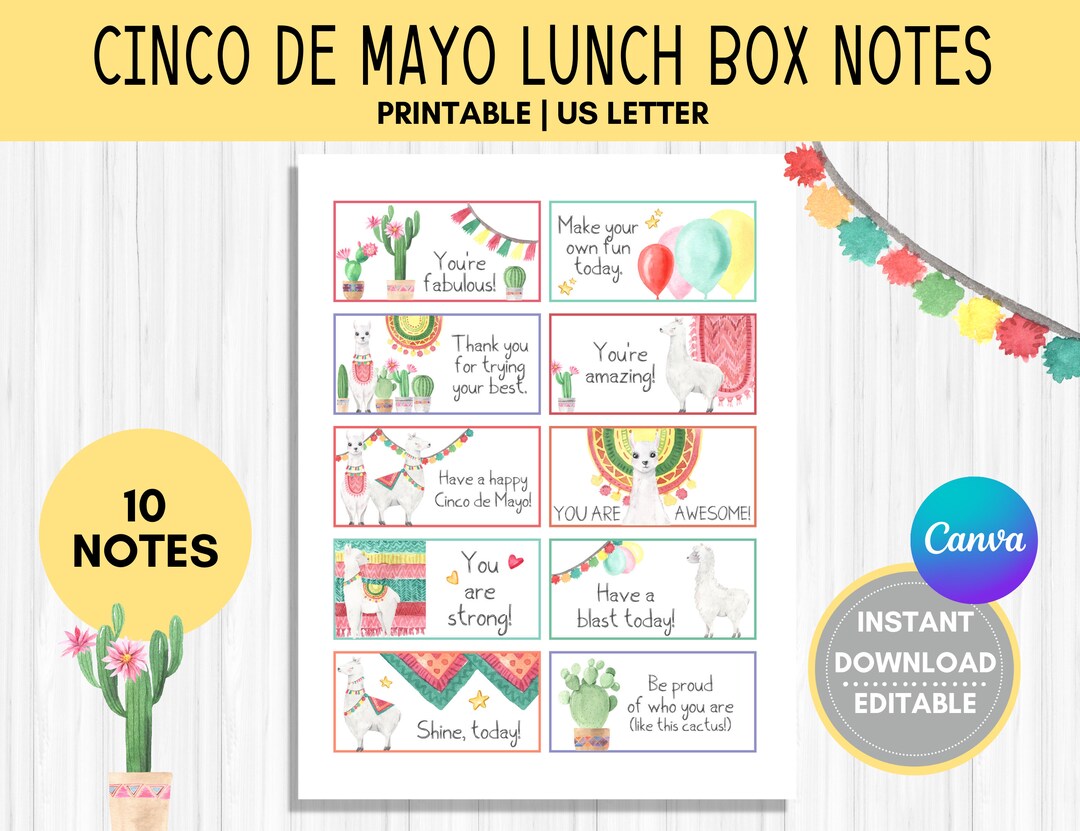 Editable Cinco De Mayo Lunch Box Note Kids, Editable Lunchbox Notes ...
