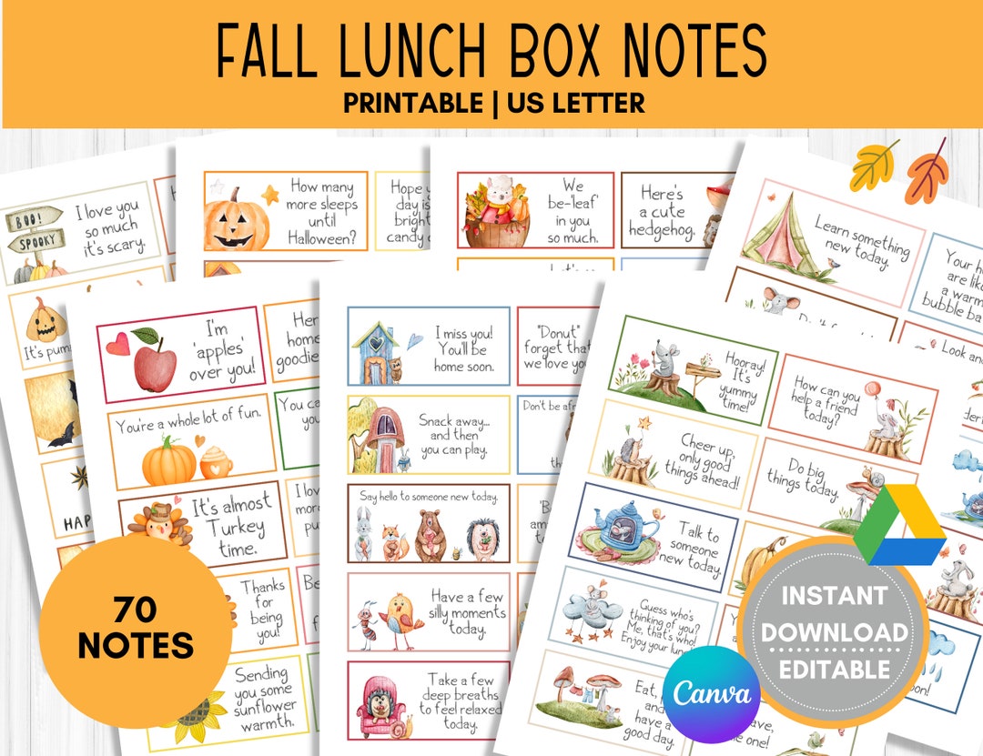 Fall Lunch Box Notes for Kids, Editable Lunchbox Notes, Printable Notes ...