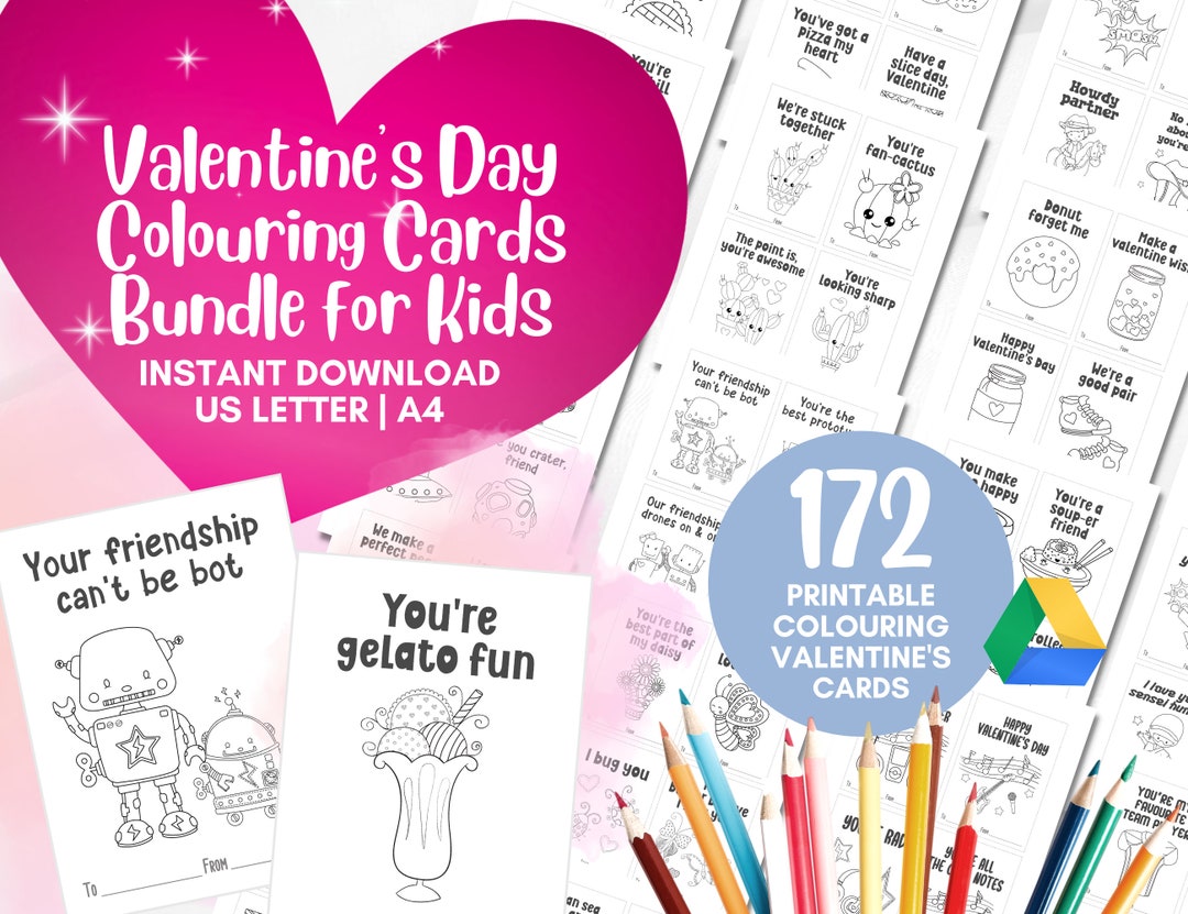 Valentine's Day Coloring Cards for Kids, Coloring Cards, Valentine ...