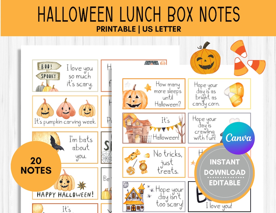 Editable Halloween Lunch Box Notes Kids, Editable Fall Lunchbox Notes ...