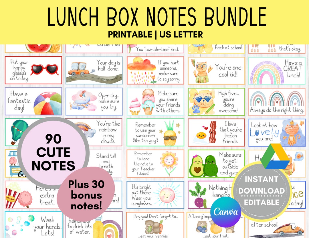 Editable Lunch Box Notes Bundle Kids, Editable Lunchbox Notes ...