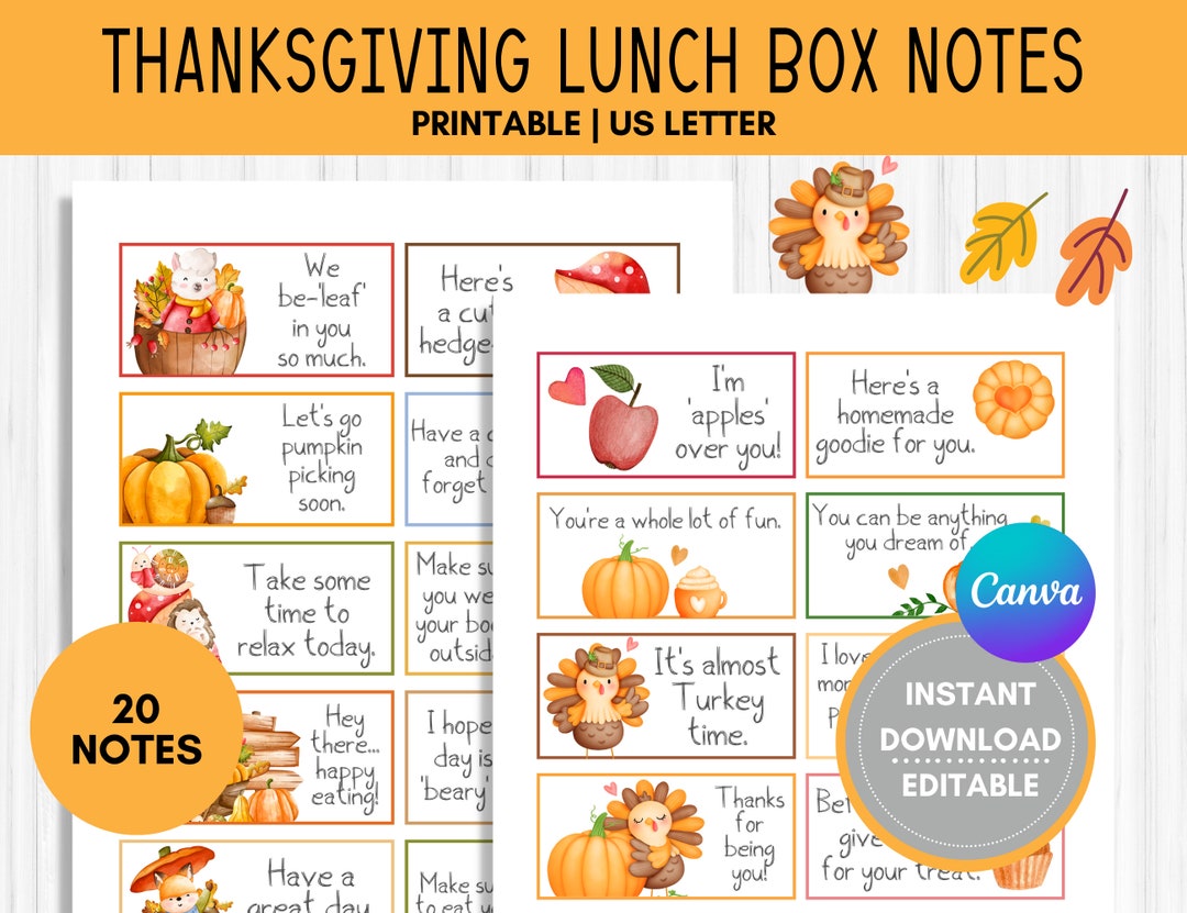 Thanksgiving Lunch Box Notes for Kids, Editable Fall Lunchbox Notes ...