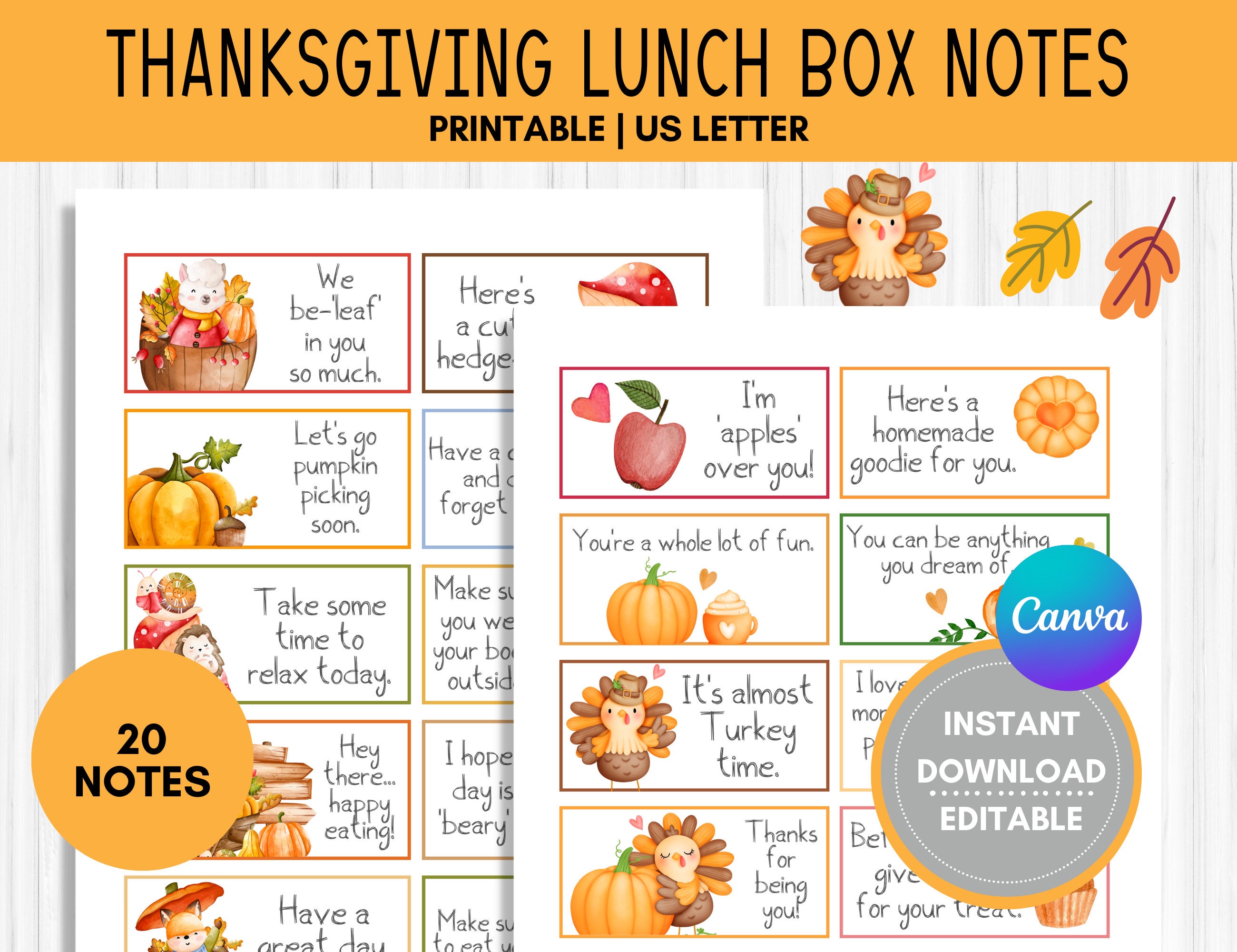 Thanksgiving Lunch Box Notes for Kids, Editable Fall Lunchbox Notes ...
