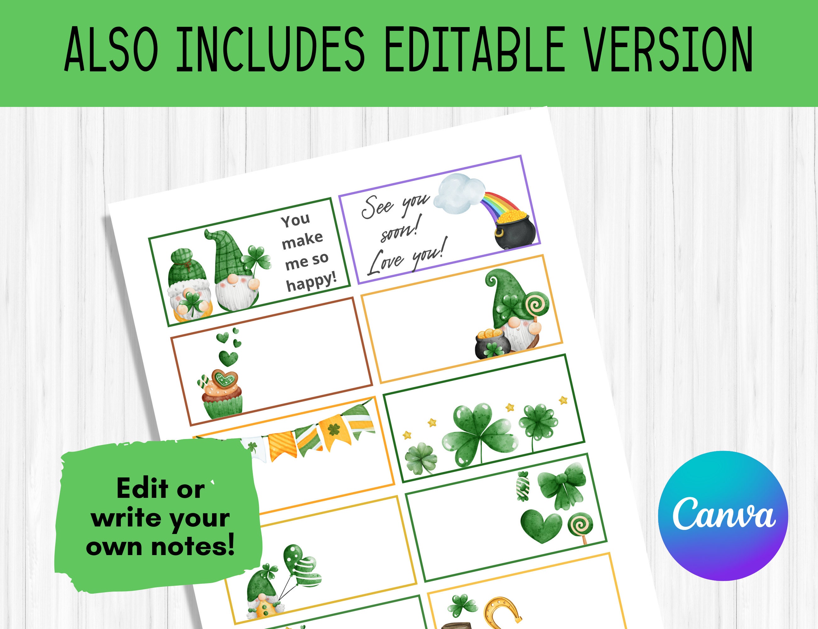 St. Patrick's Day Lunch Box Notes for Kids, Editable Lunchbox Notes ...