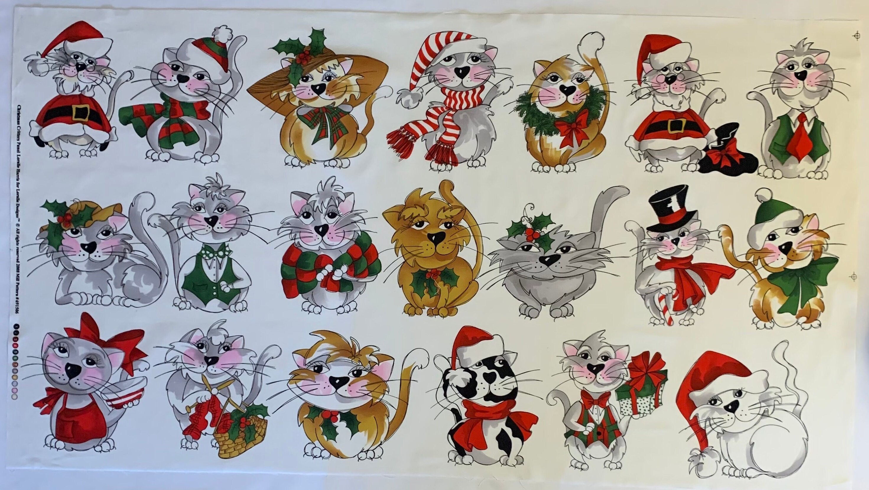 Loralie Harris Christmas Critters Cats Cotton Fabric Panel Vintage Rare ...