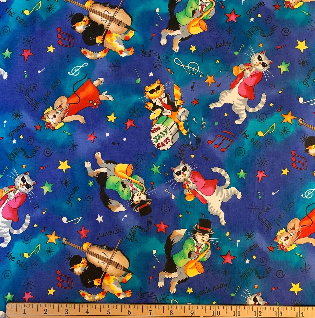 Cool Jazz Cats Cotton Fabric BTY by the Yard OOP Felines Kittens Music ...