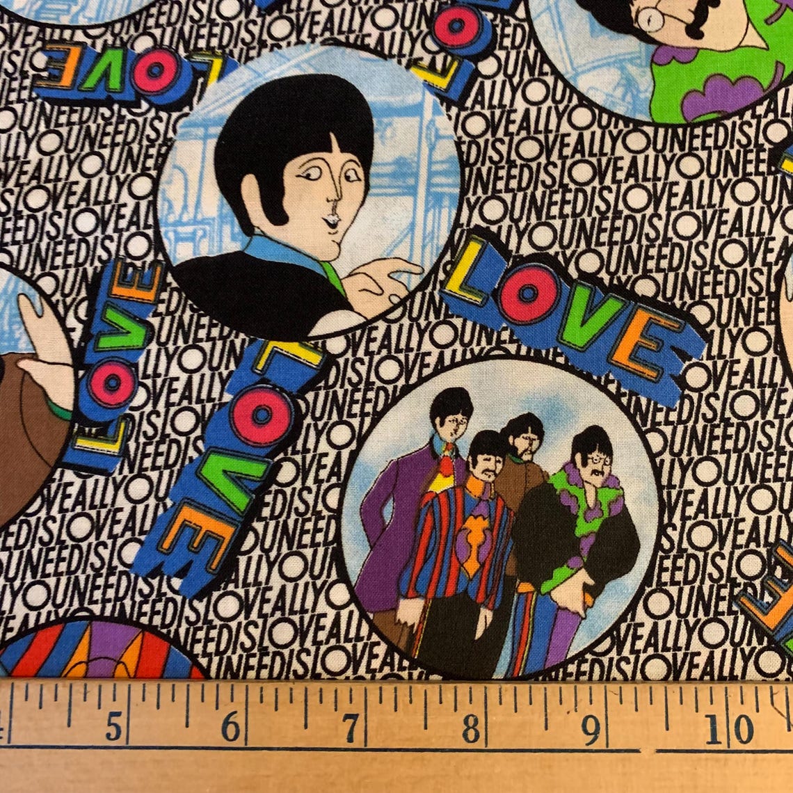 The Beatles Cotton Fabric 25" X 44" Yellow Submarine All You Need is ...