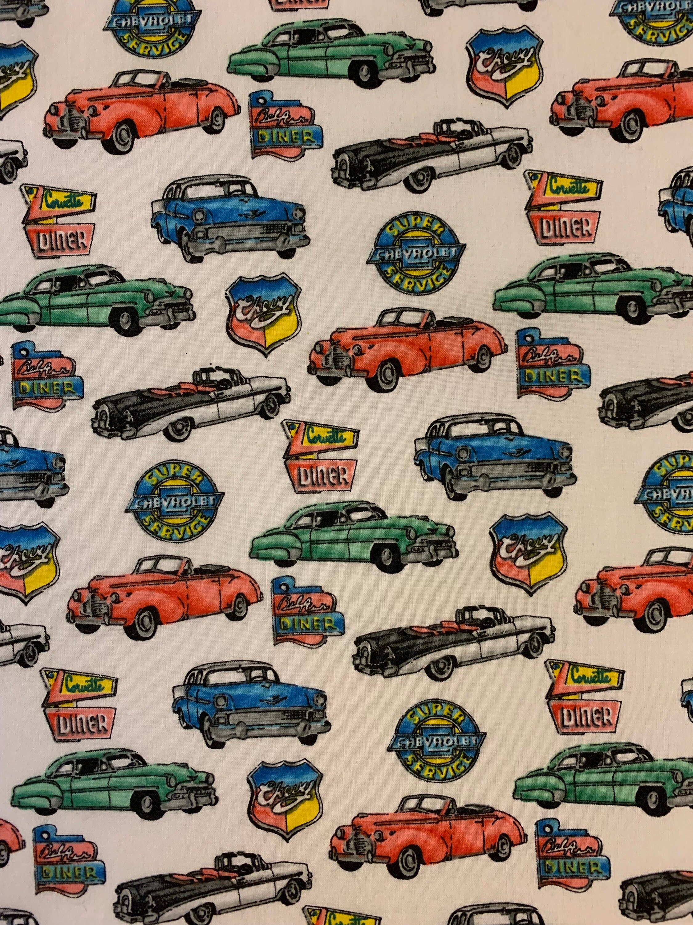 Vintage Chevy Cars BTY Cotton Fabric 1950's Corvette Bel Air Chevrolet ...